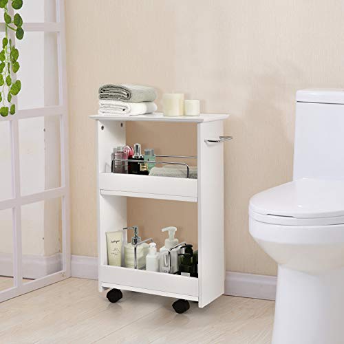 GOFLAME Slim Bathroom Storage Cart, Wooden Storage Shelf with Towel Bar and Side Handle, Storage Cabinet Organizer with Rolling Casters for Bathroom, Laundry, Kitchen