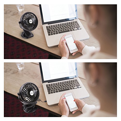 AJOYEUX Battery Operated Clip on Fan, Portable Rechargeable Personal fan (5 inch) for stroller, camping, cart seat, gym, Black