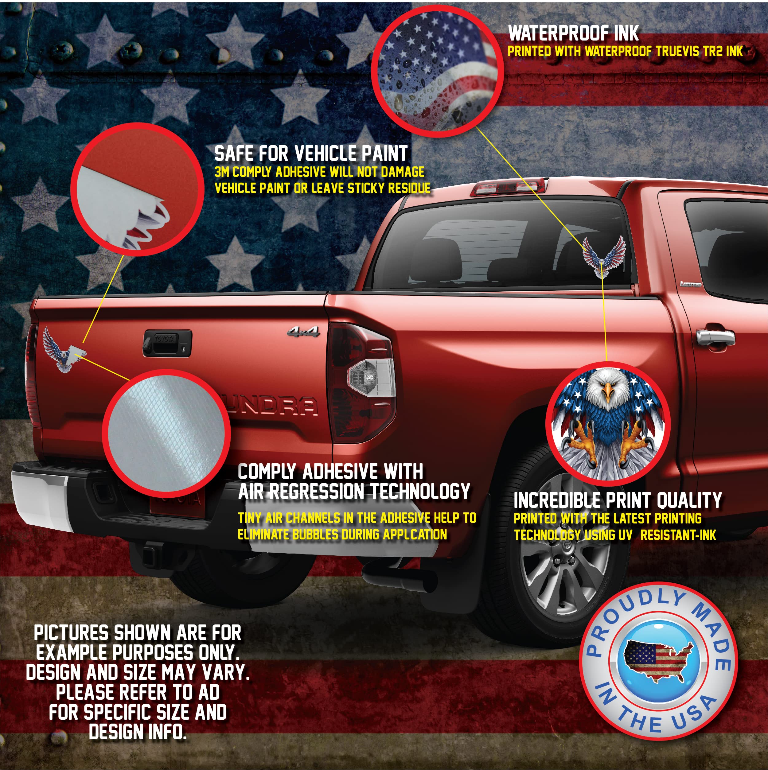 Pack of 2 Bald Eagle American Flag Sticker Decal for Car Truck Window Bumper Wall - 4" x 3.6" Safe for Vehicle Paint - American Made - Free 3M Peel and Stick Vinyl