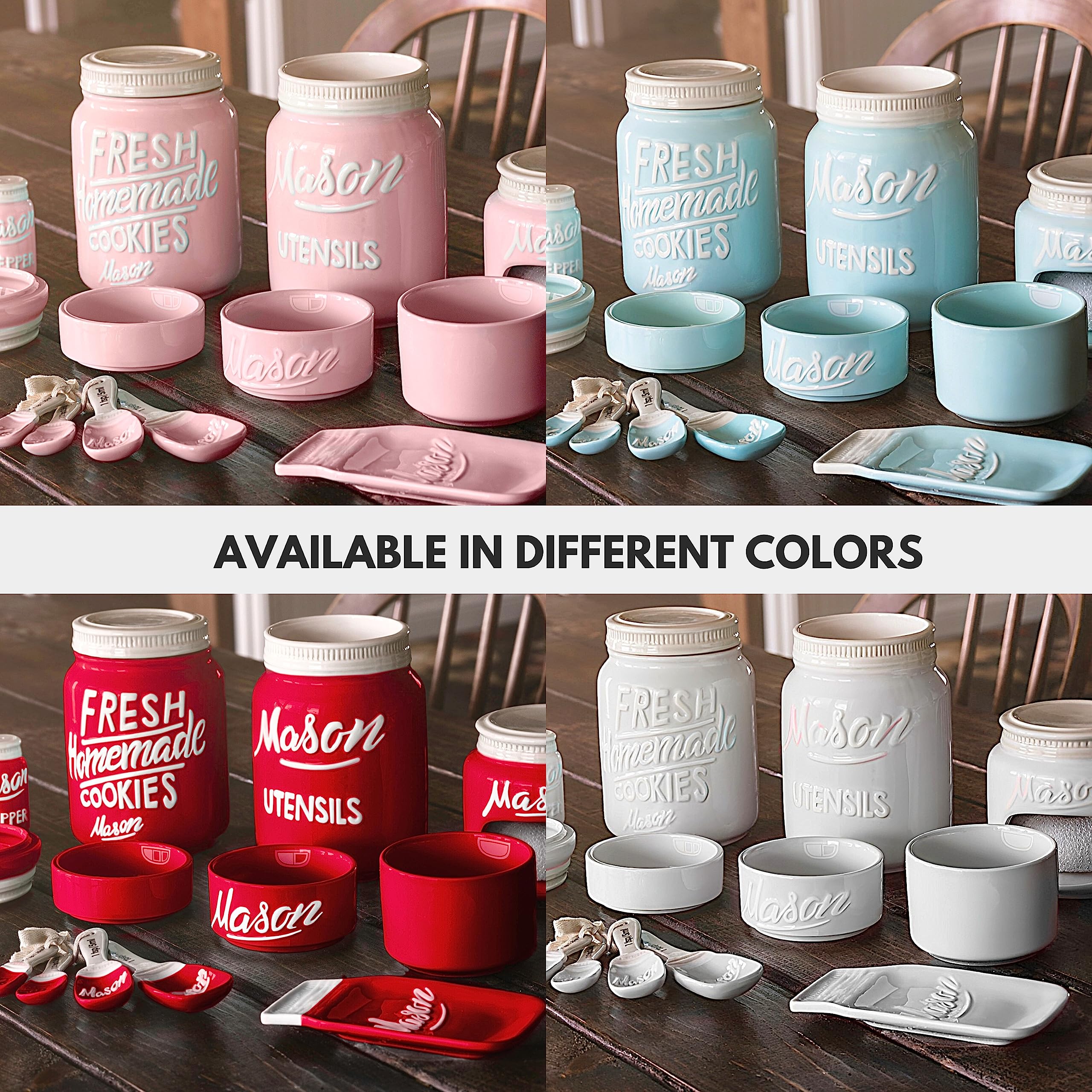Farmhouse Canisters Sets for the Kitchen - Mason Jar Ceramic Kitchen Utensil Holder, Spoon Rest, Cute Cookie Jar, Salt & Pepper Shaker Sets, Sponge Holder, Measuring Cups & Spoons (Pink, 17-Pc Bundle)