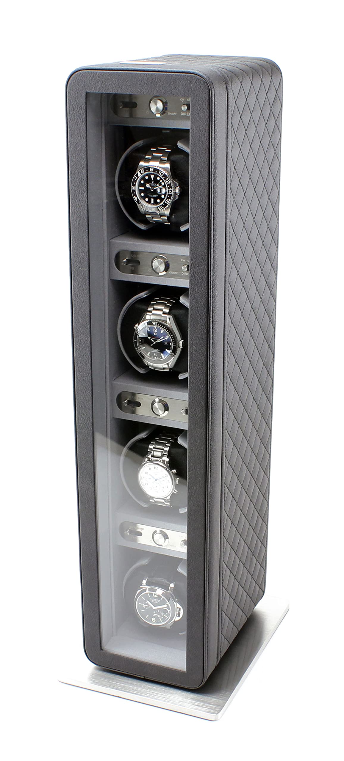 Quad Watch Winder in Black Leather, 12 Program Settings, Diamond Stitched Vegan Leather, Soft Linen Interior, Large Interior Space for Large Watches - Heiden Monaco Quad Automatic Watch Winder for Rolex