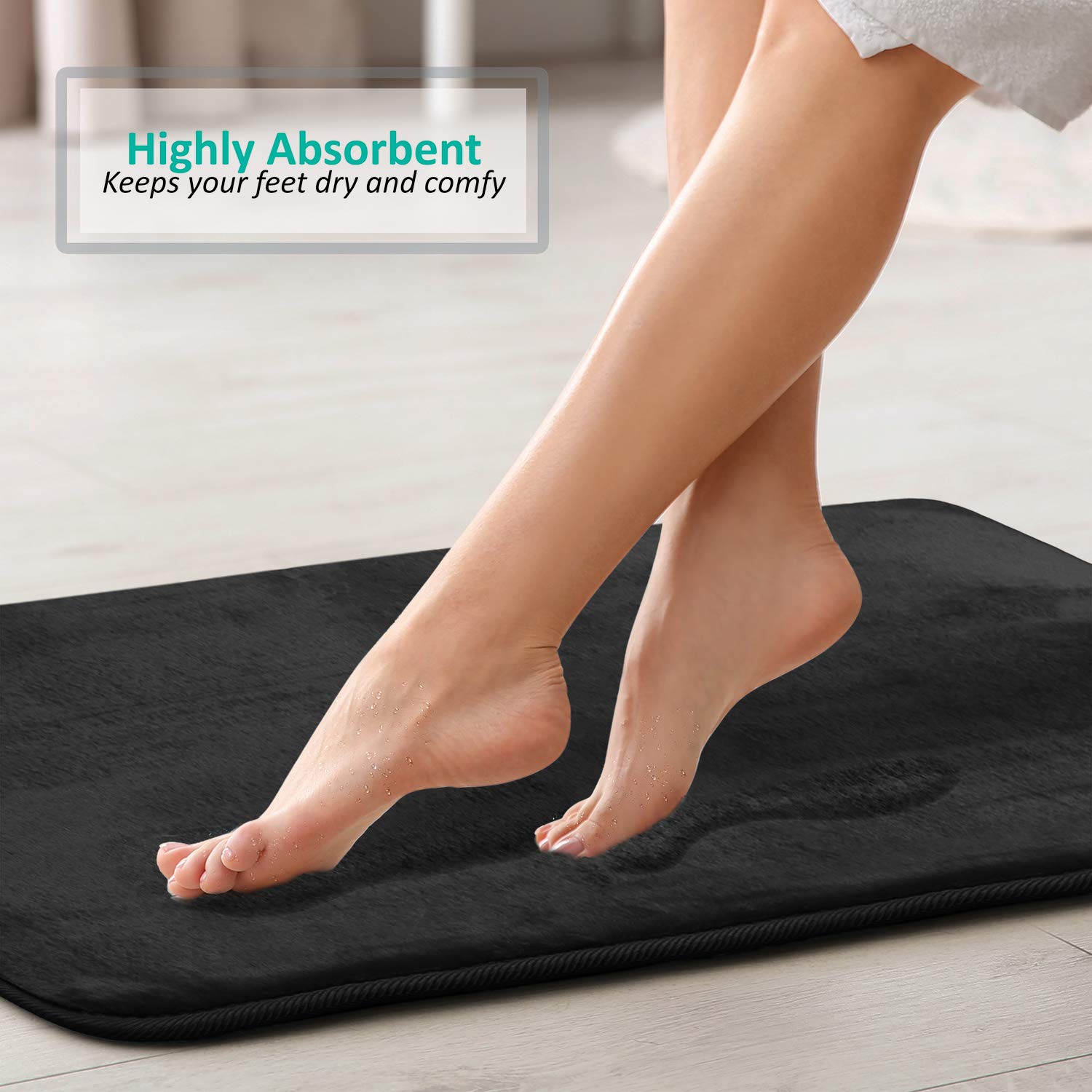 Clara Clark 3 Piece Bathroom Rugs Bath Mat Set, Velvet Memory Foam Bath Mats for Bathroom - Non-Slip, PVC Backing Bath Rugs, Washable Bathroom Rug Mats - Dries Quickly, Black Bathroom Rug Set
