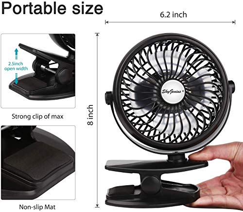 AJOYEUX Battery Operated Clip on Fan, Portable Rechargeable Personal fan (5 inch) for stroller, camping, cart seat, gym, Black