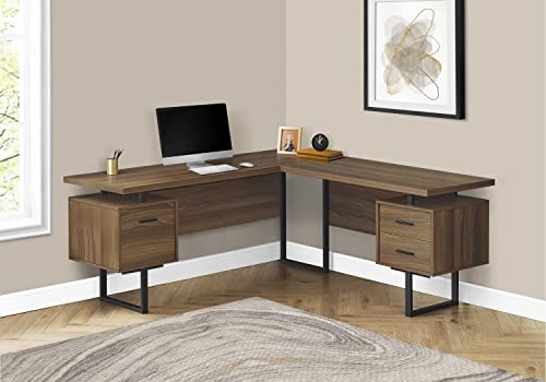 Monarch Specialties 7610 Computer Desk, Home Office, Corner, Left, Right Set-up, Storage Drawers, 70" L, L Shape, Work, Laptop, Metal, Laminate, Walnut, Black Desk-70 R Face, 71" L x 71" W x 30" H