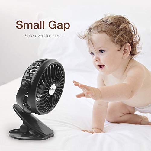 AJOYEUX Battery Operated Clip on Fan, Portable Rechargeable Personal fan (5 inch) for stroller, camping, cart seat, gym, Black
