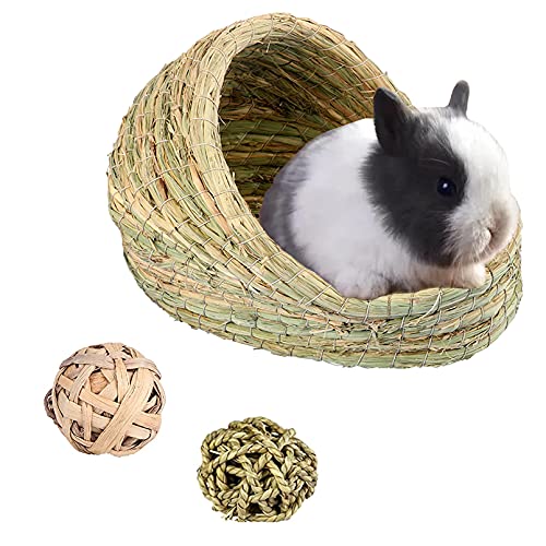 Hamiledyi Bunny Grass Bed, Rabbit Woven Hay Bed, Small Pets Natural Handcrafted Grass House with Hay Chew Balls for Chinchillas Guinea Pigs Hedgehog Rat 3PCS