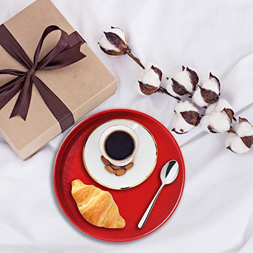 Round Solid Wood Serving Tray, Non-Slip Tea Coffee Snack Plate Food Meals Serving Tray with Raised Edges for Home Kitchen Restaurant(11.8inch,Red )