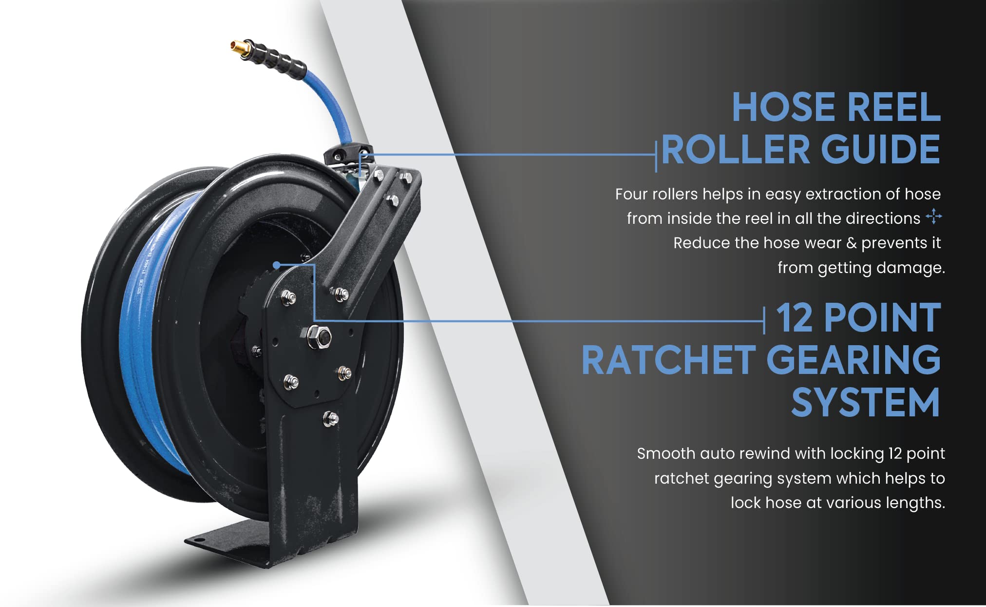 BLUBIRD BBR1265 18ga. Retractable Hose Reel with 1/2" x 65' Air Hose, 12 Point Ratcheting Gear, Next-Gen Rubber, Lightest, Strongest, Most Flexible, 300 PSI, 50F to 190F Degrees, Polyester Braided