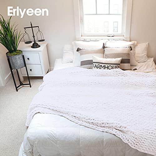 ERLYEEN Chunky Knit Blanket Throw Chenille Cable Handmade Chunky Knit Throw Blanket Warm Soft Cozy for Bed Chair Sofa Best Gift,White 40"x40"(Single Sofa)