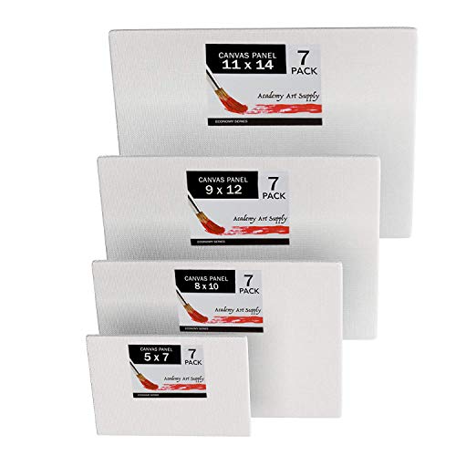 Academy Art Supply Canvases Panels 5 x7, 8 x 10, 9 x 12, 11 x 14 inch - 100% Cotton Artist Blank Canvas Board for Oil Painting, Pre-gessoed, Primed, Acid-Free Blank Canvas - Pack of 28
