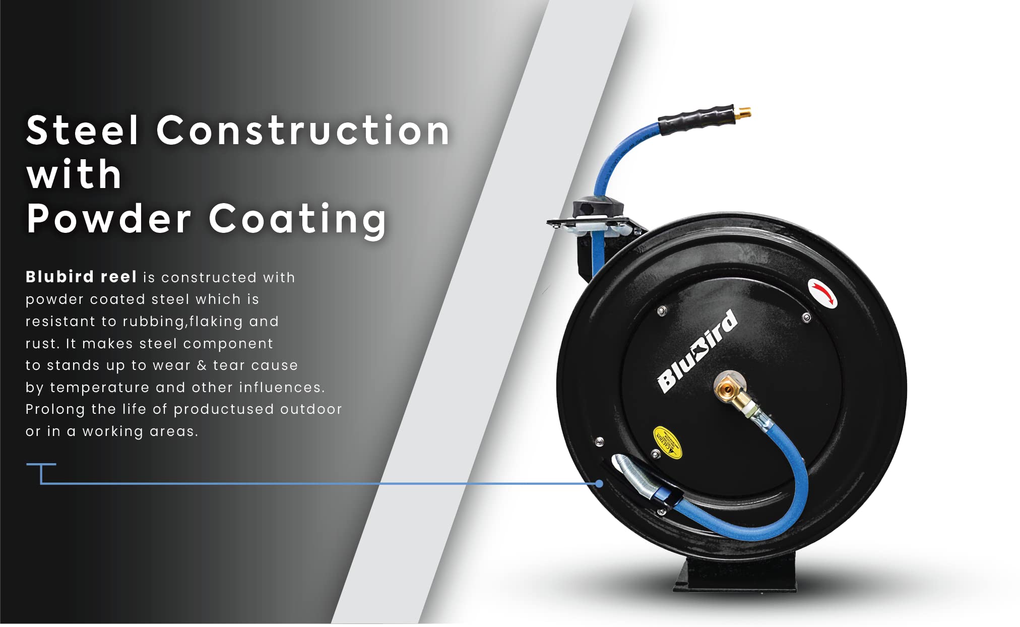 BLUBIRD BBR1265 18ga. Retractable Hose Reel with 1/2" x 65' Air Hose, 12 Point Ratcheting Gear, Next-Gen Rubber, Lightest, Strongest, Most Flexible, 300 PSI, 50F to 190F Degrees, Polyester Braided