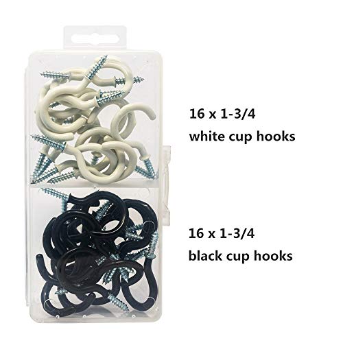 DIY.TK Cup Screw Hooks for Hanging, 32 Pack Ceiling Hooks 1-3/4 inch Vinyl Steel Cup Hooks Outdoor Indoor Porch Bathroom Kitchen Wall Hang Hooks for Coffee Tea Cup, Plant, Light, Mug β White,Black
