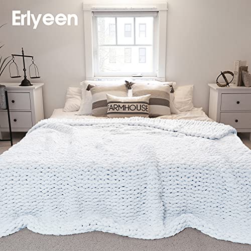 ERLYEEN Chunky Knit Blanket Throw Chenille Cable Handmade Chunky Knit Throw Blanket Warm Soft Cozy for Bed Chair Sofa Best Gift,White 40"x40"(Single Sofa)