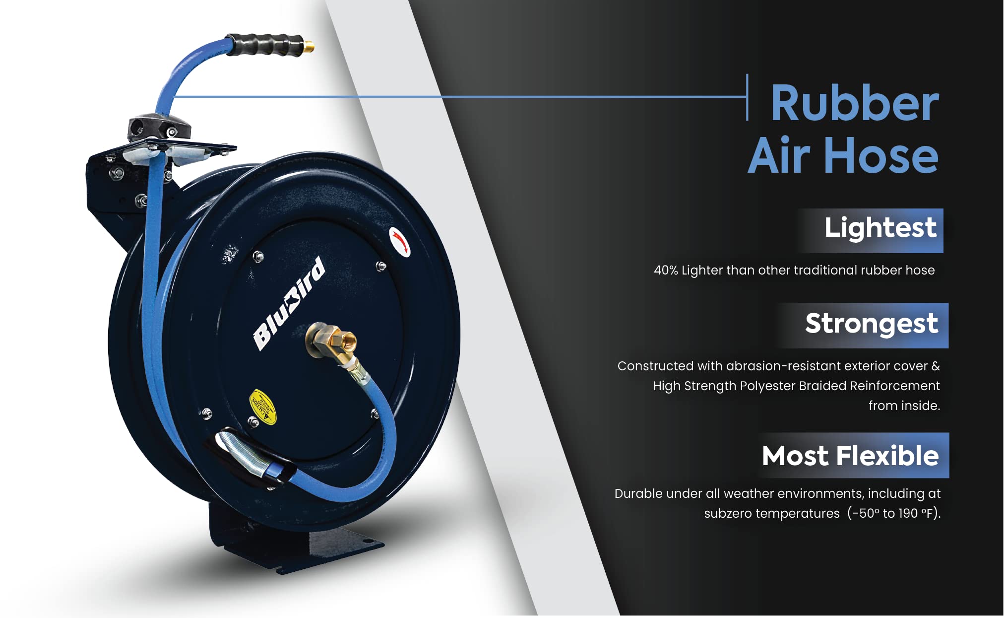 BLUBIRD BBR1265 18ga. Retractable Hose Reel with 1/2" x 65' Air Hose, 12 Point Ratcheting Gear, Next-Gen Rubber, Lightest, Strongest, Most Flexible, 300 PSI, 50F to 190F Degrees, Polyester Braided