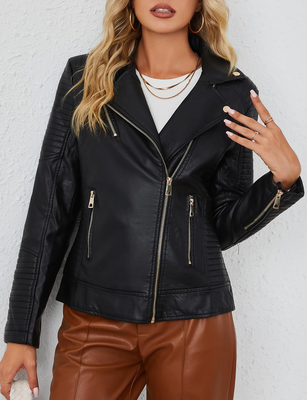 Bellivera Women's Faux Leather Jacket Motorcycle Standard Outerwear 53 Black L