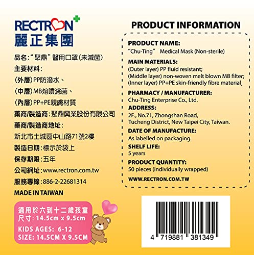 Made in Taiwan Rectron 3-Ply ASTM-1 Kids Disposable Face Mask 50 PC (5.7 Inches x 3.75 Inches, Sky Blue)