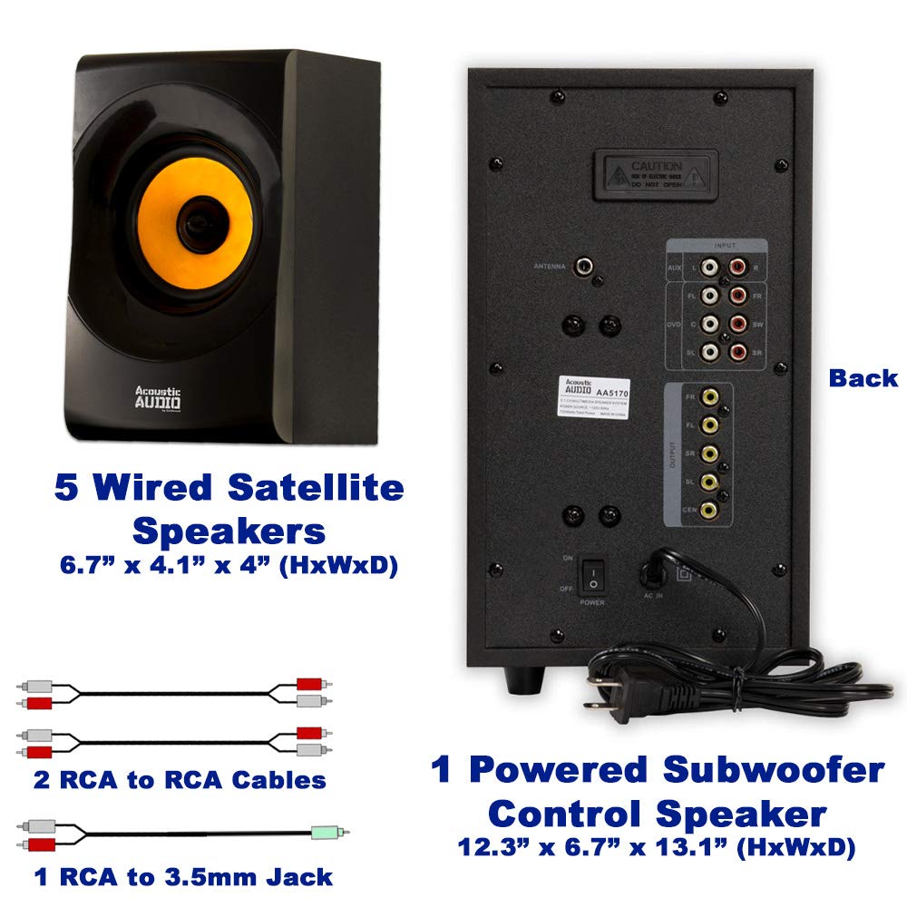 Acoustic Audio by Goldwood Acoustic Audio AA5170 Home Theater 5.1 Bluetooth Speaker System with FM and 4 Extension Cables, Black