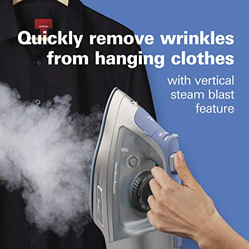 Hamilton Beach Steam Iron & Vertical Steamer for Clothes with Scratch-Resistant Durathon Soleplate, 8' Retractable Cord, 3-Way Auto Shutoff, Anti-Drip, 1800 Watts, Silver and Blue