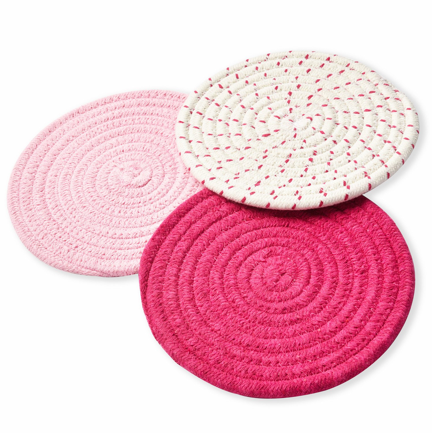 Kitchen Potholders Set Trivets Set 100% Pure Cotton Thread Weave Hot Pot Holders Set (Set of 3) Stylish Coasters, Hot Pads, Hot Mats, Spoon Rest For Cooking and Baking by Diameter 7 Inches (Pink)