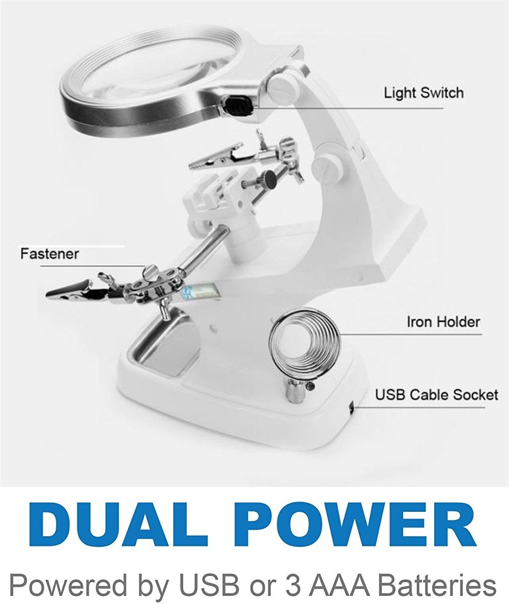 Glam Hobby LED Light Helping Hands Magnifier Station - 3X 4.5X USB Lighted Hands Free Magnifying Glass Stand with Clamp and Alligator Clips - for Soldering, Assembly, Repair, Modeling, Hobby, Crafts