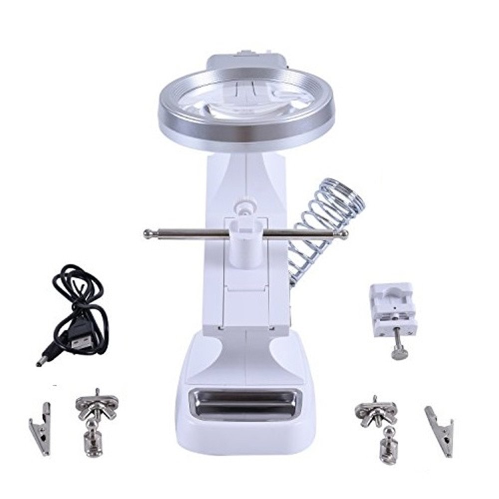 Glam Hobby LED Light Helping Hands Magnifier Station - 3X 4.5X USB Lighted Hands Free Magnifying Glass Stand with Clamp and Alligator Clips - for Soldering, Assembly, Repair, Modeling, Hobby, Crafts