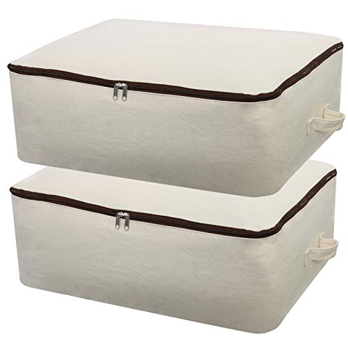 2PCS Canvas Storage Bag, 12OZ Thick Soft Breathable Closet Organizer for Beddings, Comforters, Pillows, Blankets, Clothes, 25.6Ă18.5Ă8.7inch, Beige