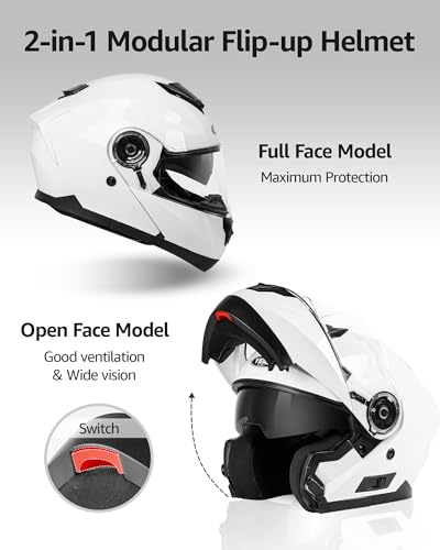 YEMA Modular Motorcycle Helmets, DOT Approved Full Face Motorcycle Helmet with Flip Up Dual Visor, Helmets for Adults Motorcycle Men Women Helmets for Street Scooter ATV E-bike - YM-926 White