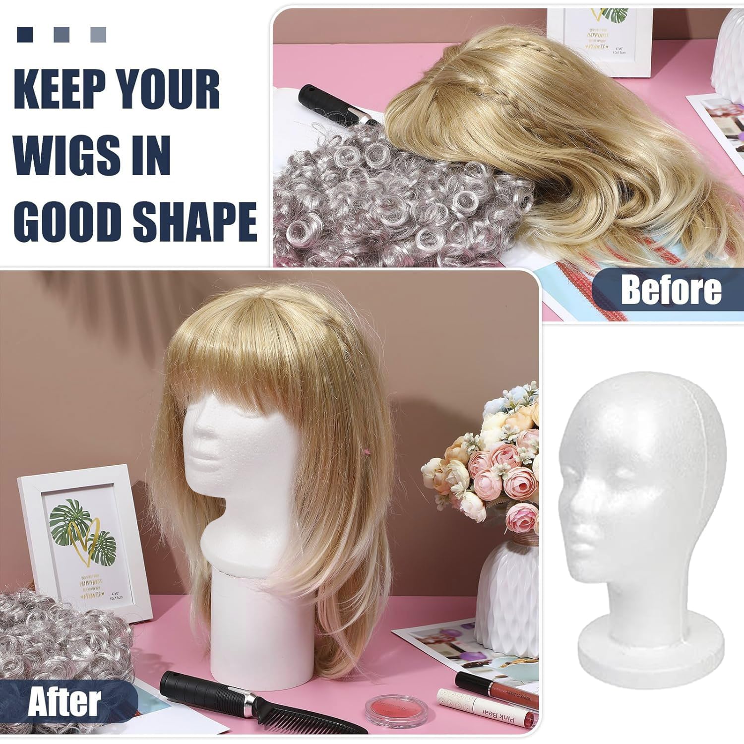 STUDIO LIMITED 11.4-Inch Styrofoam Mannequin Head (3 Pack) - White Foam Wig Stand for Wigs, Hats, Masks, Hairpieces, Arts, Crafts, DIY Projects, Salon Display, and Travel Use