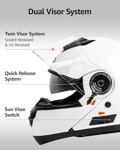 YEMA Modular Motorcycle Helmets, DOT Approved Full Face Motorcycle Helmet with Flip Up Dual Visor, Helmets for Adults Motorcycle Men Women Helmets for Street Scooter ATV E-bike - YM-926 White