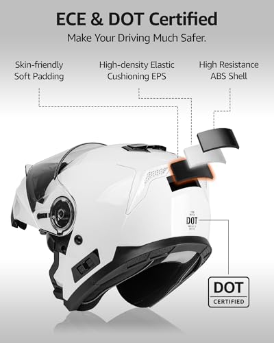 YEMA Modular Motorcycle Helmets, DOT Approved Full Face Motorcycle Helmet with Flip Up Dual Visor, Helmets for Adults Motorcycle Men Women Helmets for Street Scooter ATV E-bike - YM-926 White
