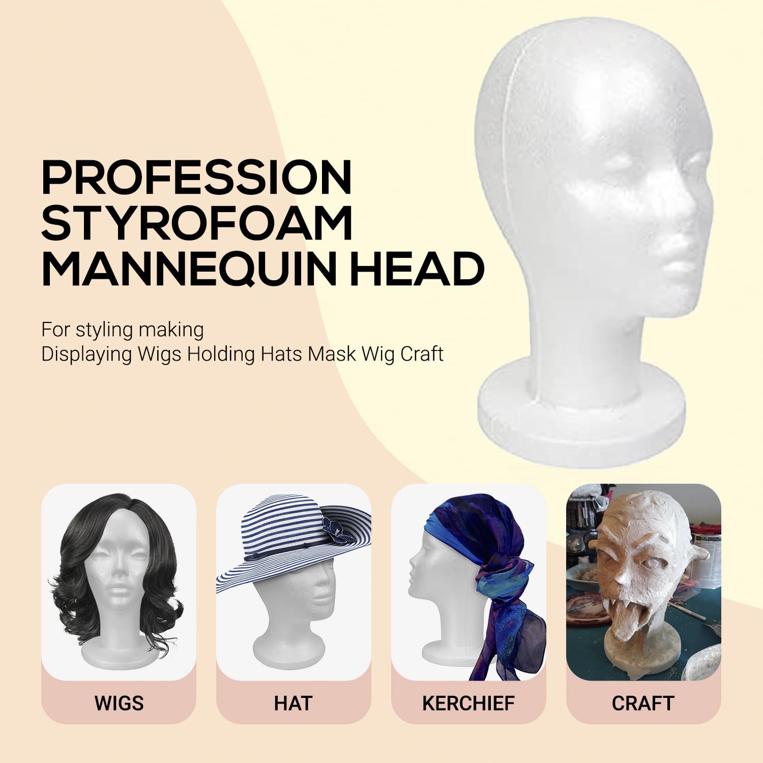 STUDIO LIMITED 11.4-Inch Styrofoam Mannequin Head (3 Pack) - White Foam Wig Stand for Wigs, Hats, Masks, Hairpieces, Arts, Crafts, DIY Projects, Salon Display, and Travel Use