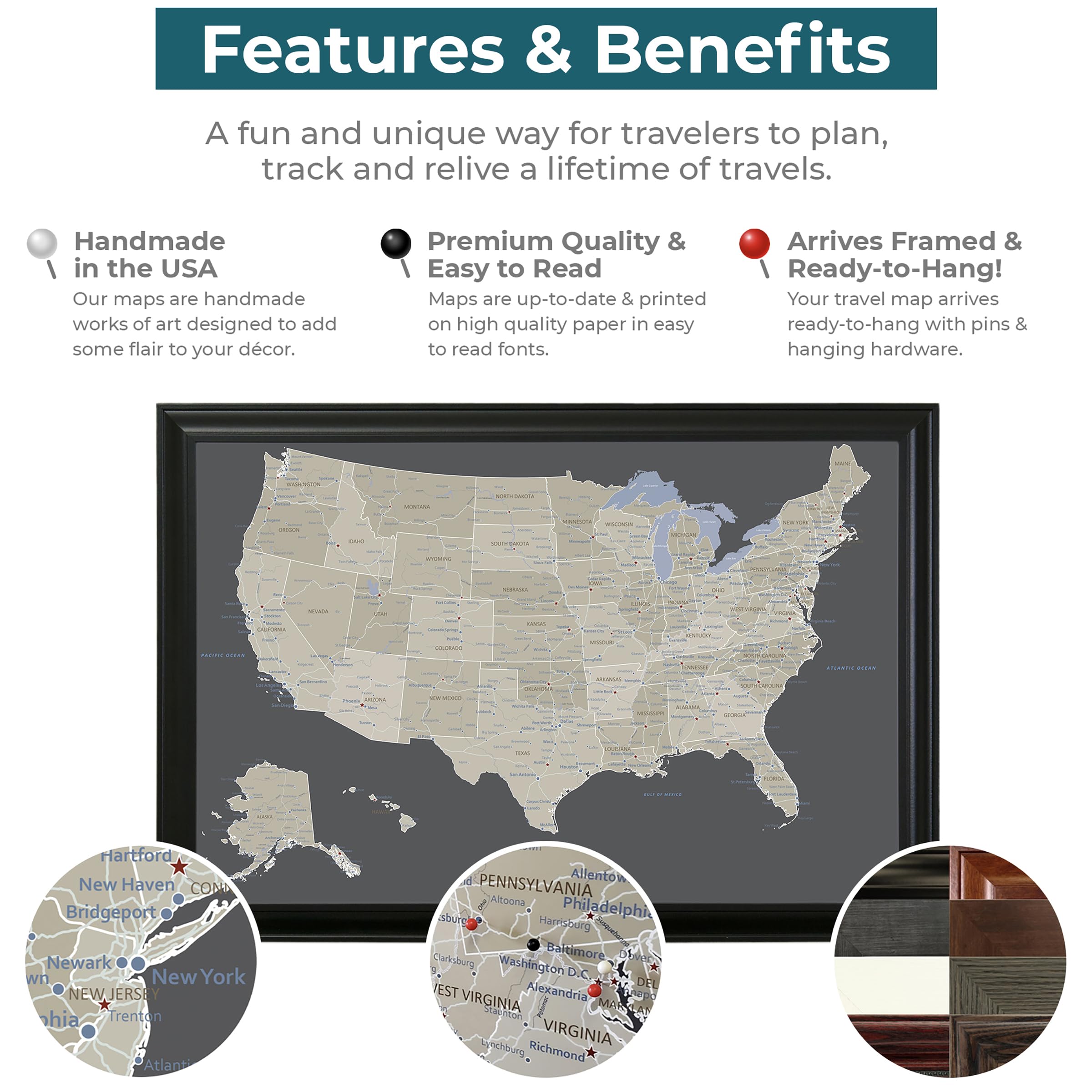 Push Pin Travel Maps Customizable Wall Art - Earth Toned US - Barnwood Gray - Personalized Framed Pin Map, Includes 150 Pins - Handcrafted in USA - 27.5" x 39.5"