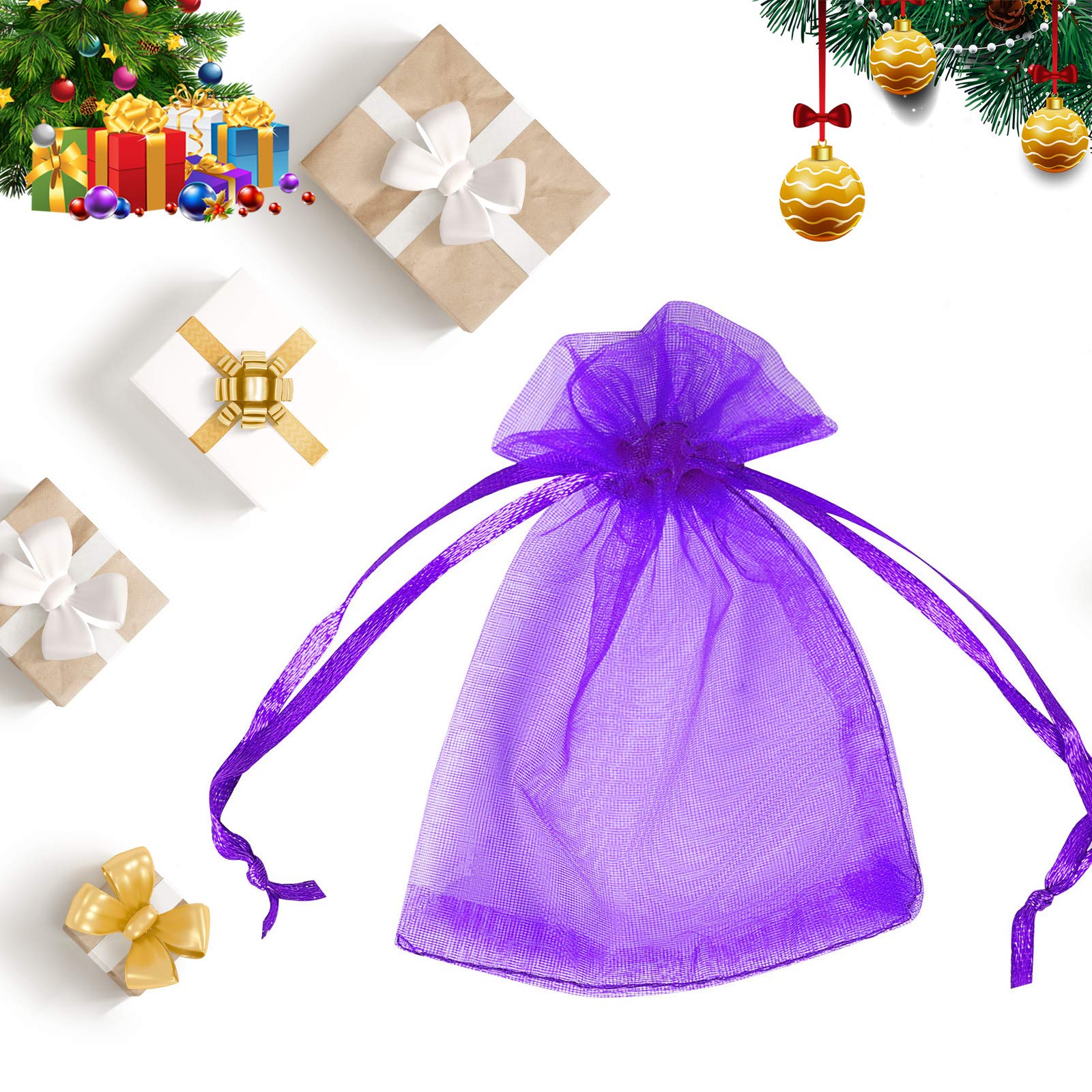 Boshen 100/200PCS Organza Gift Candy Sheer Bags Mesh Jewelry Pouches Drawstring Bulk for Wedding Party Favors Christmas (3" X 4"(100PCS), Purple)