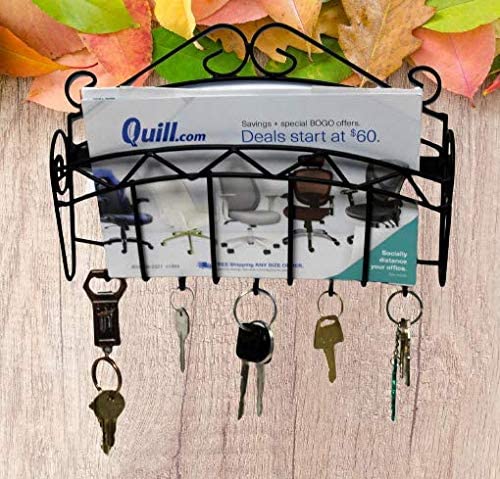 Dependable Industries Mail & Key Holder Hooks Organizer Wall Mounted Decorative Black Matte Entryway Organize Letters, Magazines, Keys, Dog Leashes Multi-Purpose