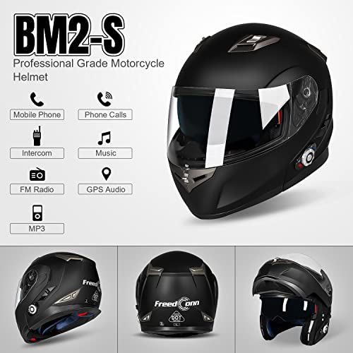FreedConn Motorcycle Bluetooth Helmet,Bluetooth Integrated Modular Flip up Full Face Motorcycle Helmet,Dual Visor Modular Bluetooth Helmet,DOT Approved Helmets with Gloves(Matte Black,Large)