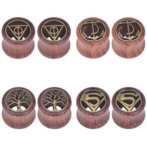 IPINK-4 Pairs Tree of Life Anchor Hallows Organic Wood Tunnels Double Flared Ear Stretcher Saddle Plugs Gauge 8mm - 20mm (4 Pairs of 14mm (9/16"))