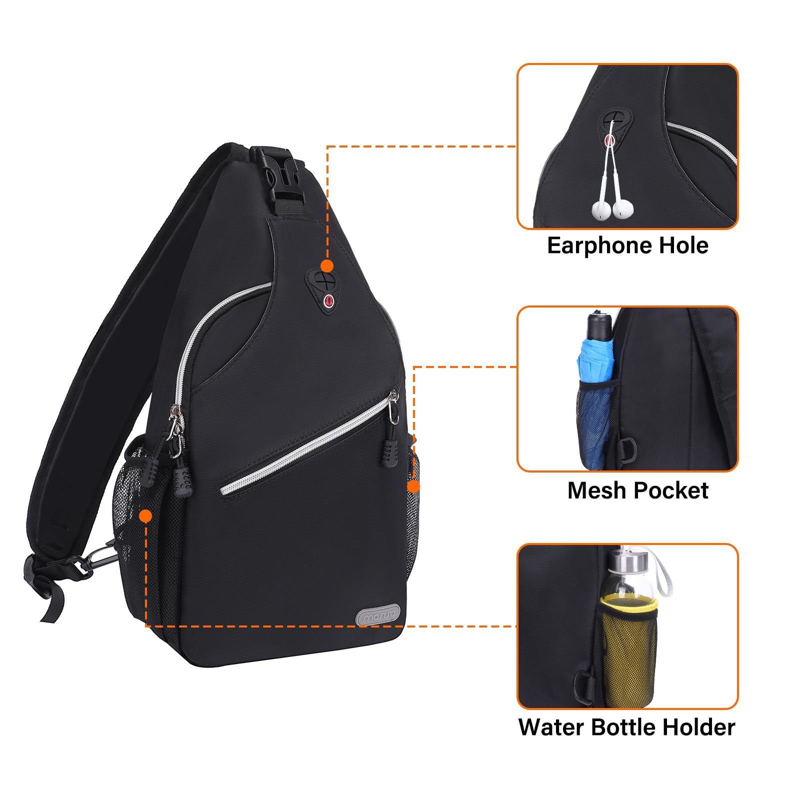 MOSISO Sling Backpack, Multipurpose Crossbody Shoulder Bag Travel Hiking Daypack, Black, Medium
