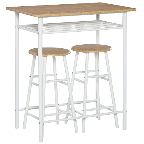 HOMCOM 3 Piece Counter Height Bar Table and Chairs Set, Space Saving Dining Table with 2 Matching Stools, Storage Shelf Metal Frame Footrest, White, Oak