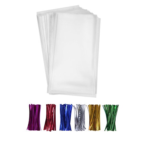 200 Clear Plastic Cello Bags 4x9 with 4" Twist Ties 6 Mix Colors - 1.4 mils Thick OPP Cellophane Treat Bags for Gift Wrapping Packaging Decorations Storage (4'' x 9'')