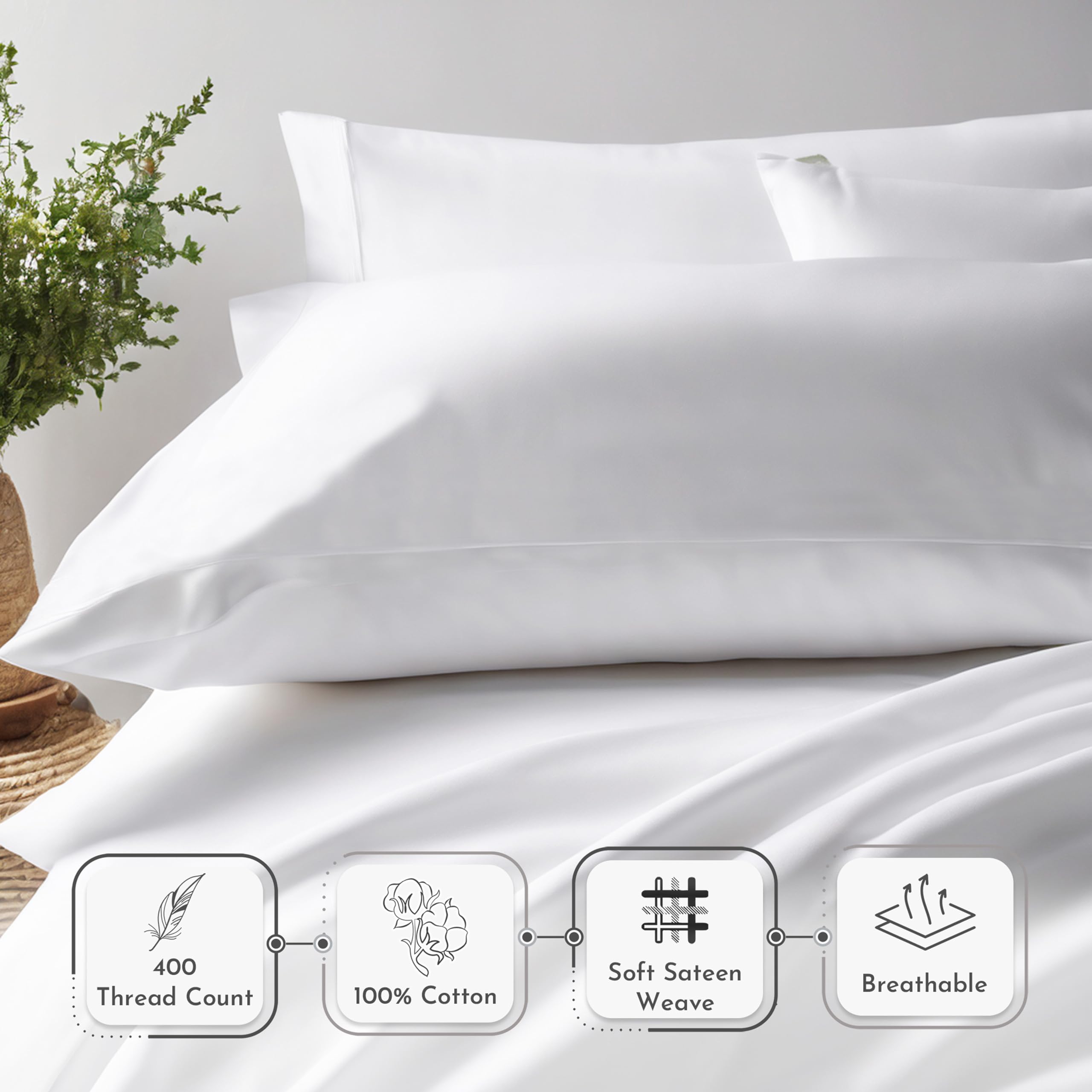 California Design Den Standard Queen Size Pillowcase Set - 400 Thread Count, 100% Cotton Sateen, Set of 2 Pillow Covers, Breathable, Cooling, Soft for Quality Sleep - Bright White