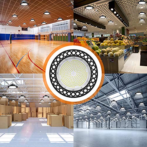 150W LED High Bay Light UFO 25000Lumens 5000K Daylight 1-10V Dimmable LED Commercial Bay Lighting 100-277Volts Area Lamp IP65 Waterproof ,Hook Included ,5’Cable with US Plug ,600W HID/HPS Replacement