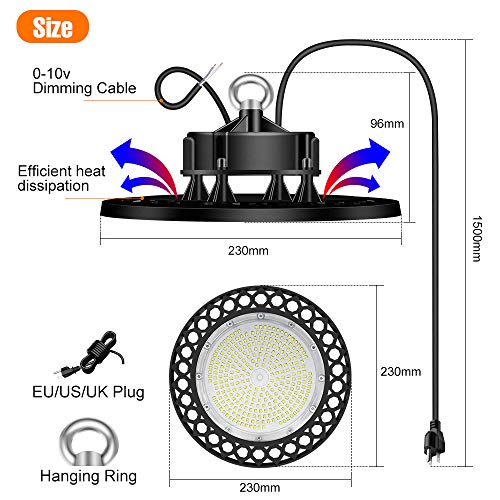 150W LED High Bay Light UFO 25000Lumens 5000K Daylight 1-10V Dimmable LED Commercial Bay Lighting 100-277Volts Area Lamp IP65 Waterproof ,Hook Included ,5’Cable with US Plug ,600W HID/HPS Replacement