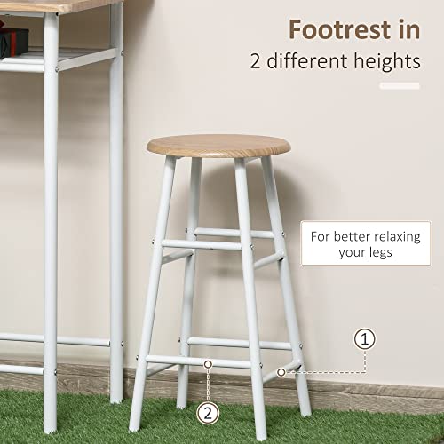 HOMCOM 3 Piece Counter Height Bar Table and Chairs Set, Space Saving Dining Table with 2 Matching Stools, Storage Shelf Metal Frame Footrest, White, Oak