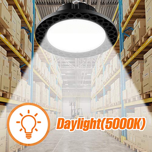 150W LED High Bay Light UFO 25000Lumens 5000K Daylight 1-10V Dimmable LED Commercial Bay Lighting 100-277Volts Area Lamp IP65 Waterproof ,Hook Included ,5’Cable with US Plug ,600W HID/HPS Replacement