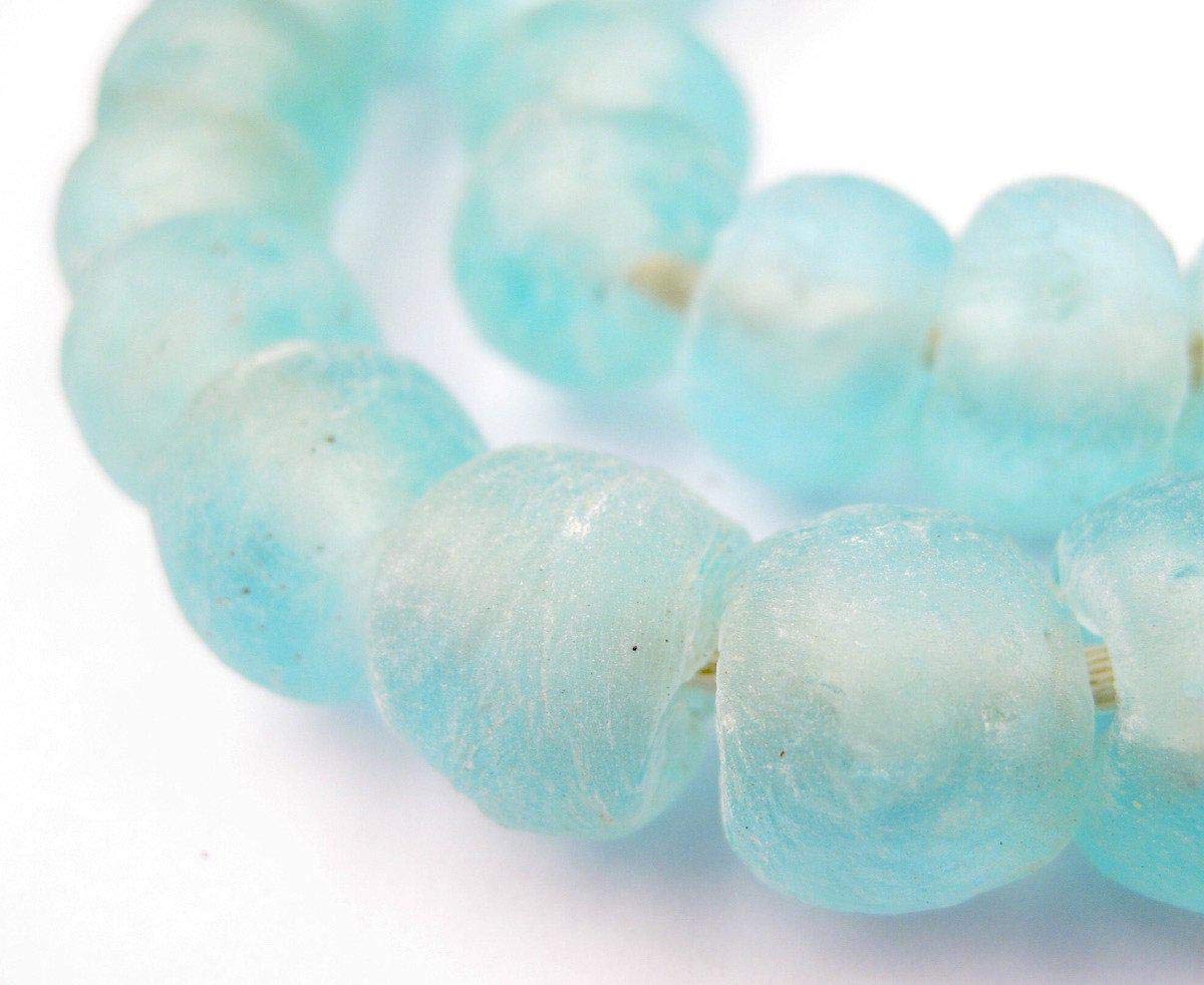 The Bead Chest African Recycled Glass Beads Handmade in Ghana Clear Marine 14mm Strand for Jewelry Making, Crafts, and Home Decor I Approximately 42 Beads