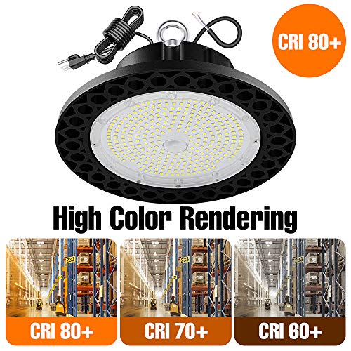 150W LED High Bay Light UFO 25000Lumens 5000K Daylight 1-10V Dimmable LED Commercial Bay Lighting 100-277Volts Area Lamp IP65 Waterproof ,Hook Included ,5’Cable with US Plug ,600W HID/HPS Replacement