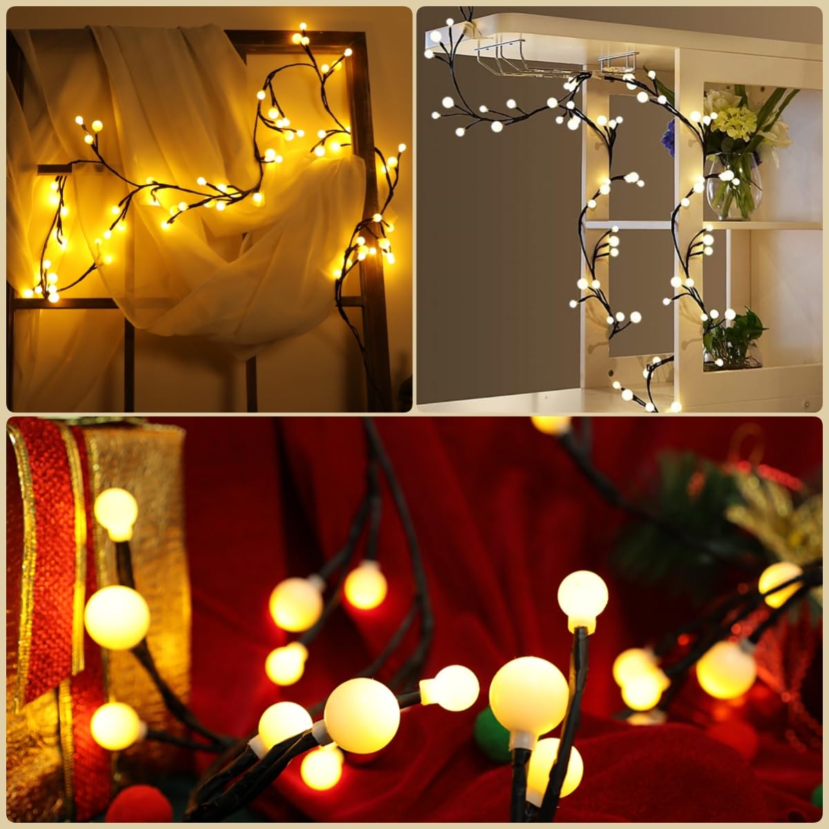 Curtain Lights Indoor Outdoor, 8.3ft 8 Modes 72 Led Globe String Lights Plug in, Window Lights for Patio Garden Wedding Party Bookshelf, Christmas Decorations, Warm White
