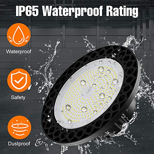 150W LED High Bay Light UFO 25000Lumens 5000K Daylight 1-10V Dimmable LED Commercial Bay Lighting 100-277Volts Area Lamp IP65 Waterproof ,Hook Included ,5’Cable with US Plug ,600W HID/HPS Replacement