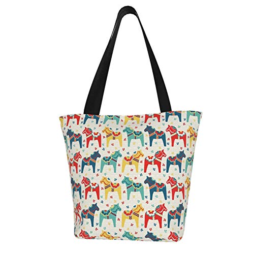 antcreptson Swedish Dala Horses Extra Large Canvas Shoulder Tote Top Storage Handle Bag for Gym Beach Weekender Travel Reusable Grocery Shopping,Black White