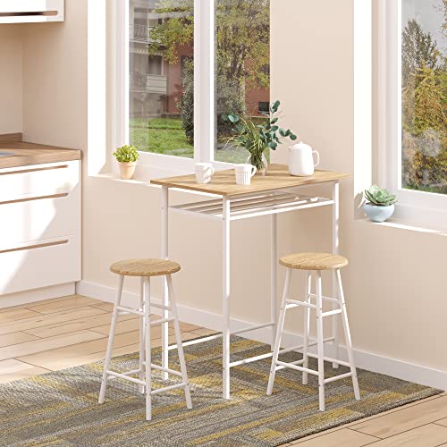 HOMCOM 3 Piece Counter Height Bar Table and Chairs Set, Space Saving Dining Table with 2 Matching Stools, Storage Shelf Metal Frame Footrest, White, Oak